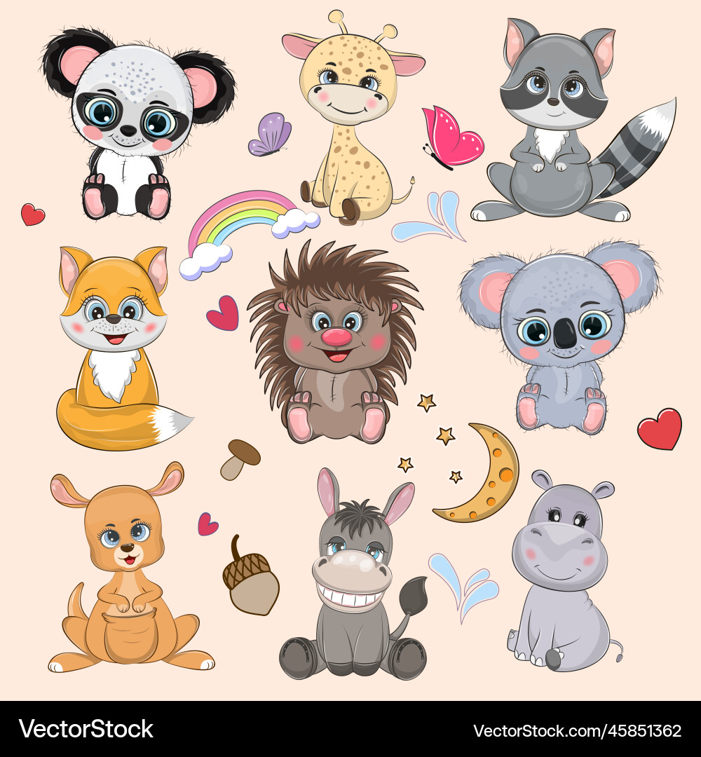 Big set cute funny cartoon animals Royalty Free Vector Image