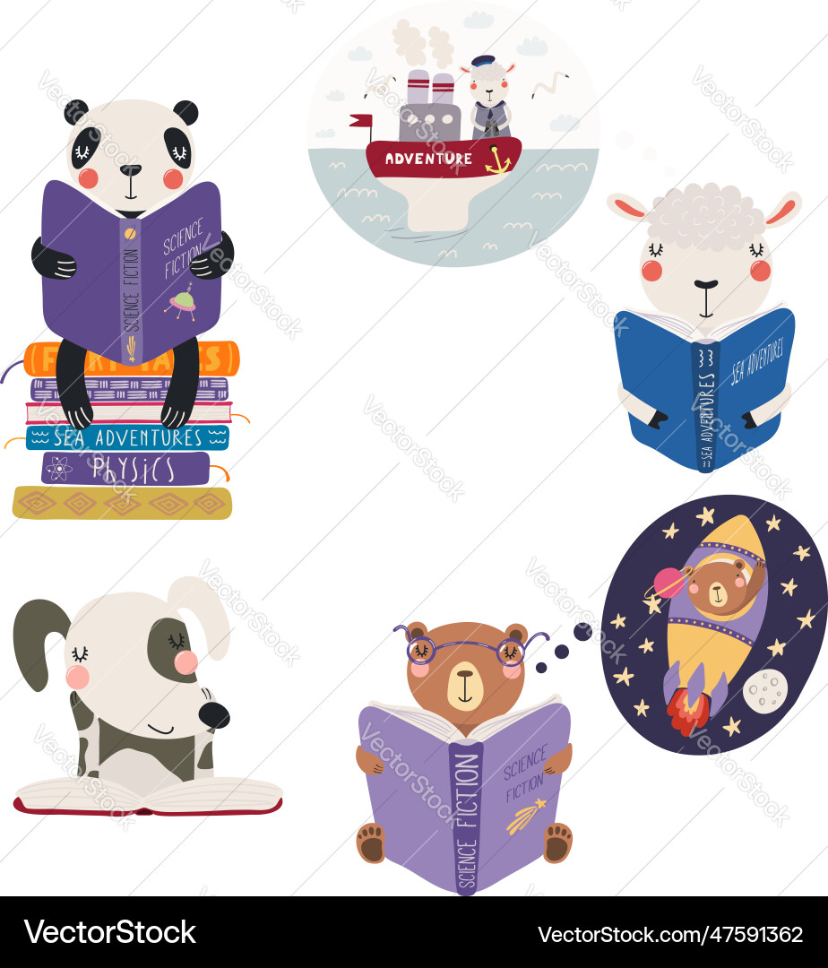 Cute animals reading books frame Royalty Free Vector Image