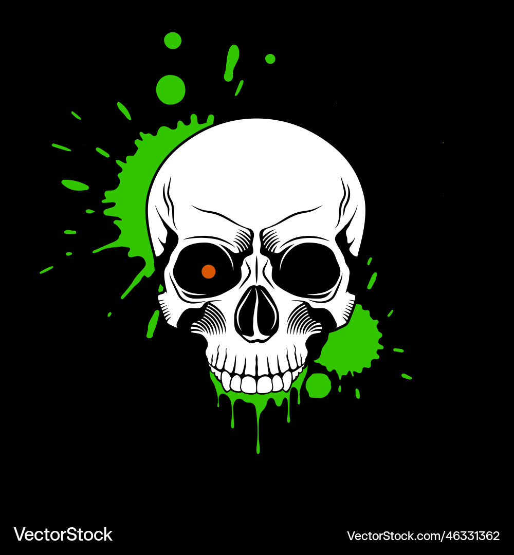 Skull with red glowing eye and splashes and drips Vector Image