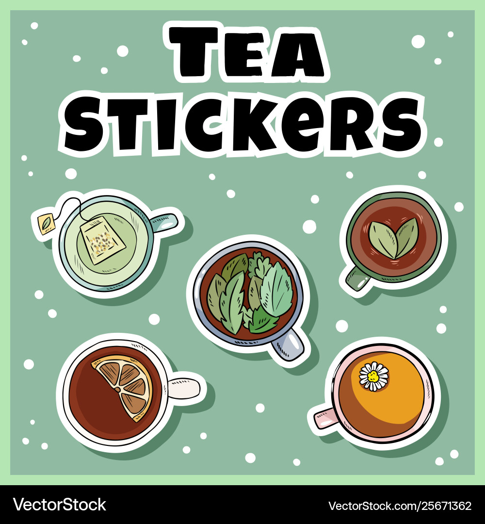 Tea sticker set cups green and herbal Royalty Free Vector