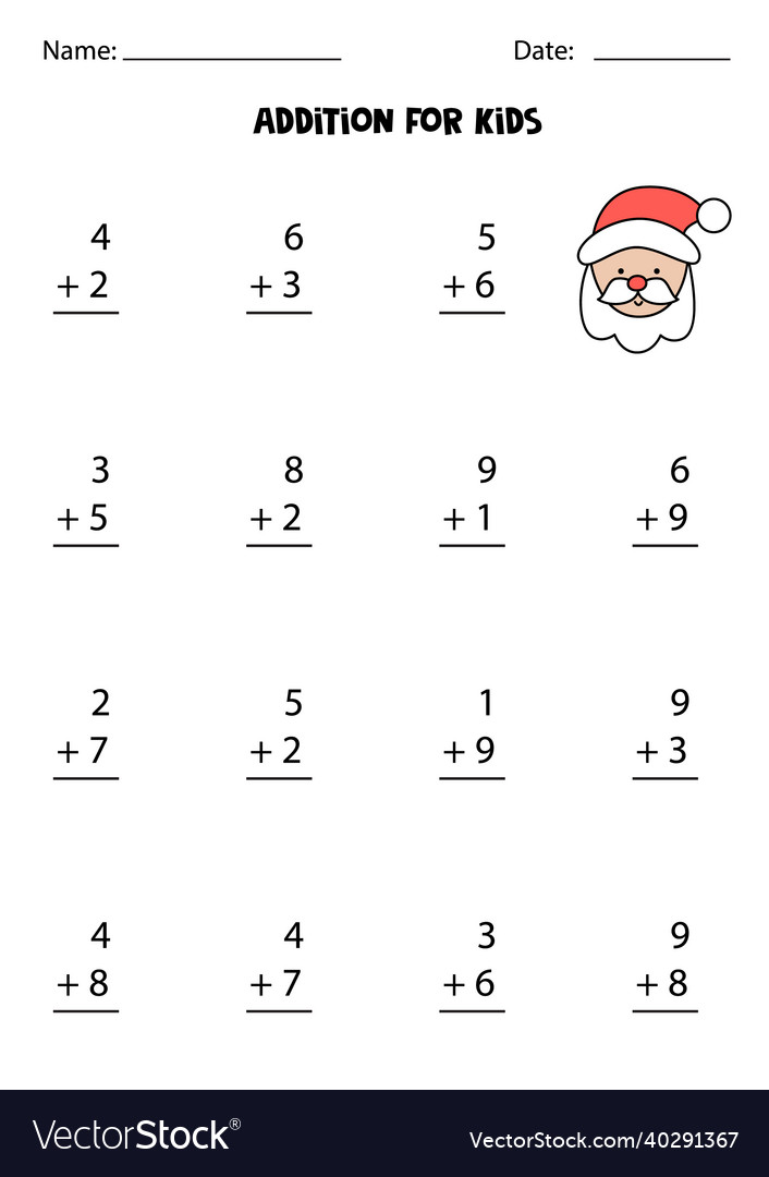 Addition worksheet with cartoon santa claus math Vector Image