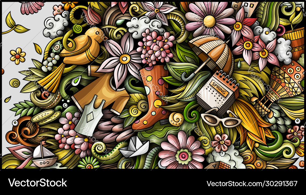 Spring hand drawn doodle banner cartoon detailed Vector Image