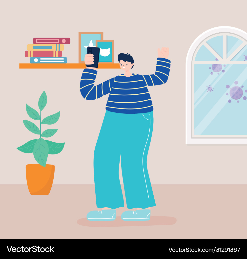 Young man using smartphone in room with books Vector Image