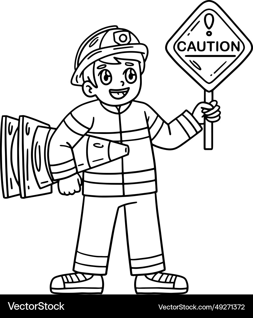 Firefighter with safety signs isolated coloring Vector Image