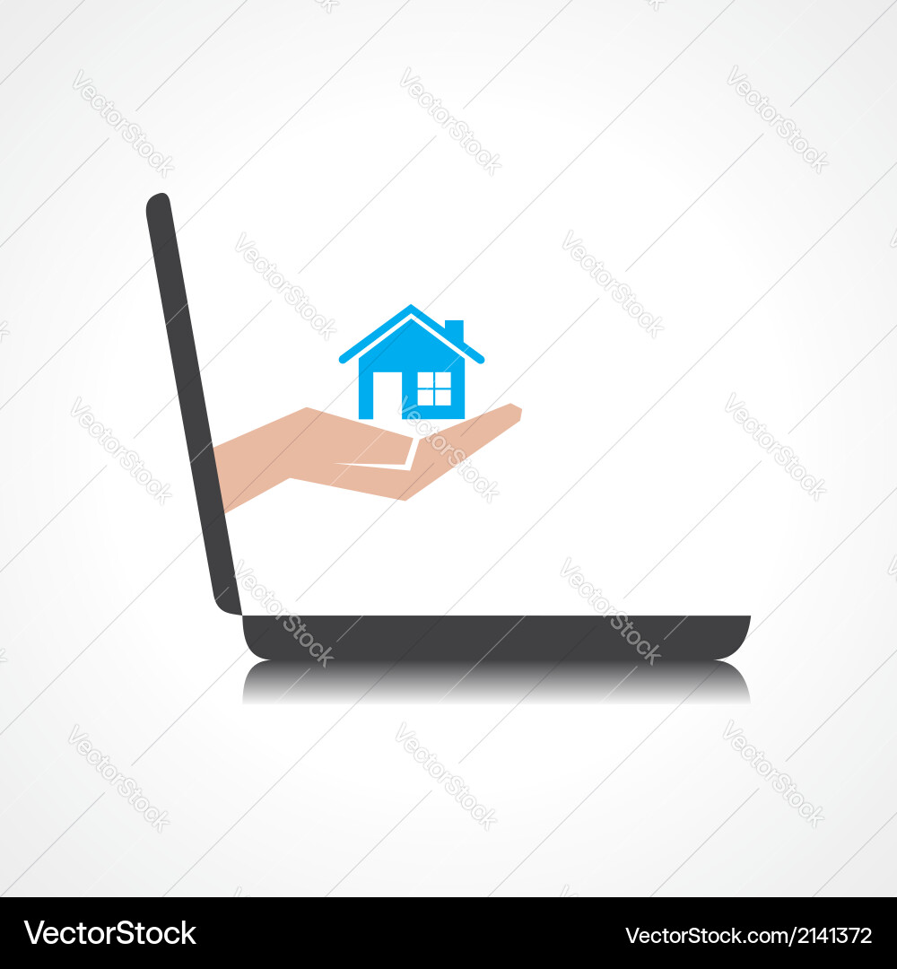 Hand holding home comes from laptop screen Vector Image