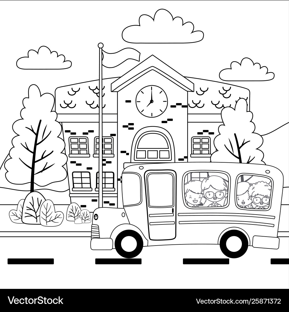 School building kids and bus design Royalty Free Vector