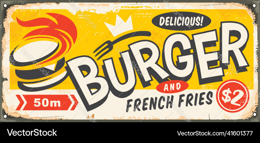 Delicious burger vintage tin sign Royalty Free Vector Image