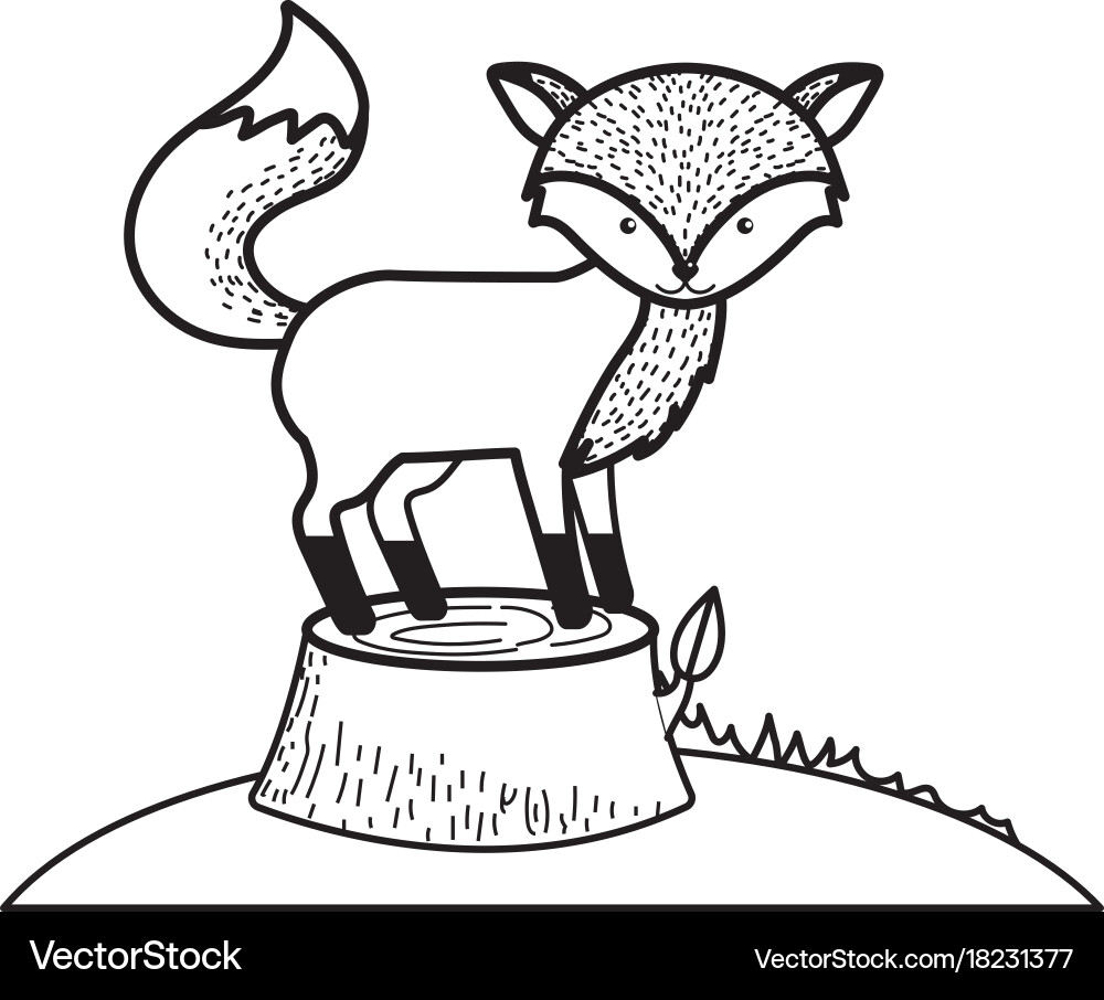 Line cute fox animal in bole wood tree Royalty Free Vector
