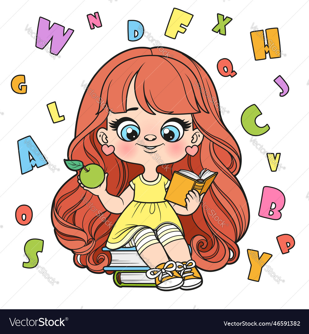 Cute Cartoon Longhaired Girl Sit On Textbooks Vector Image