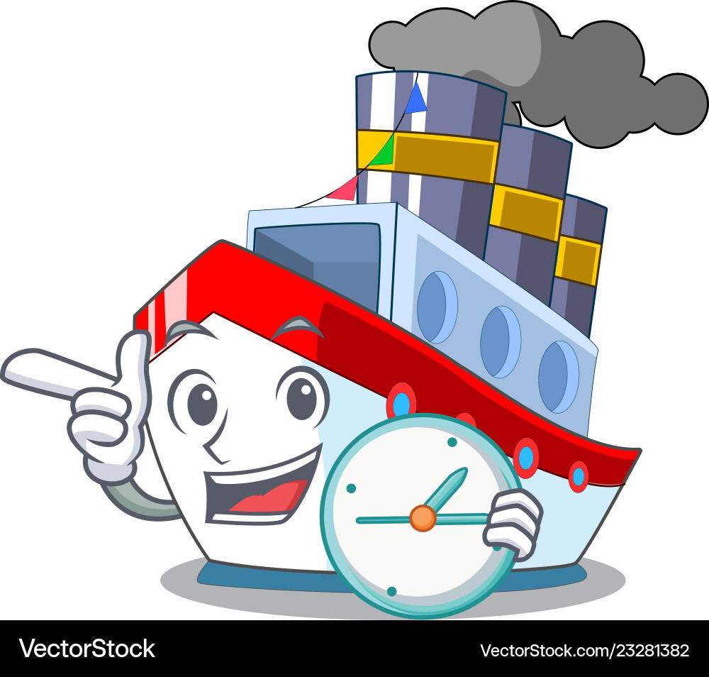 With clock aerial in cartoon cargo ship view Vector Image