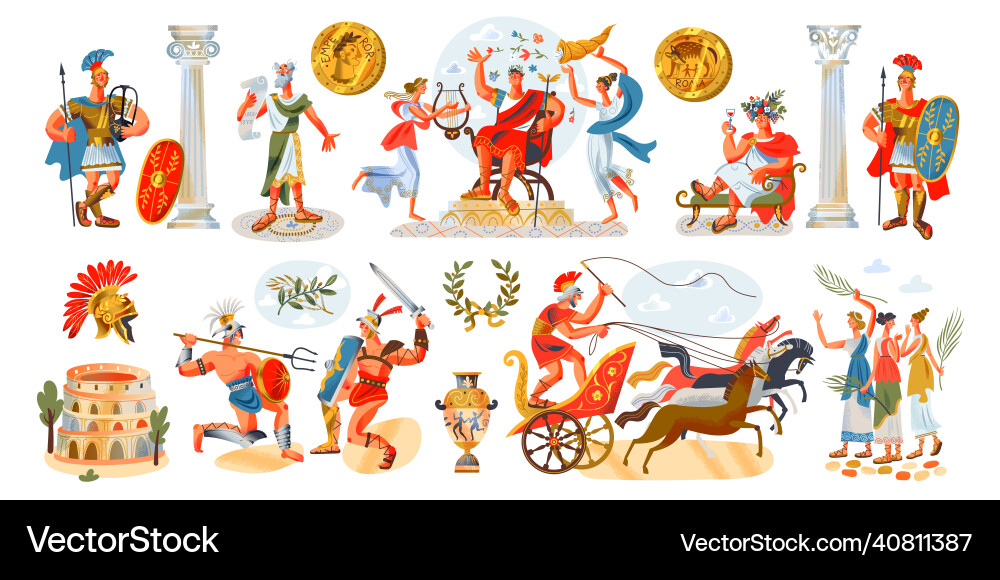 Ancient roman empire people and elements set rome Vector Image