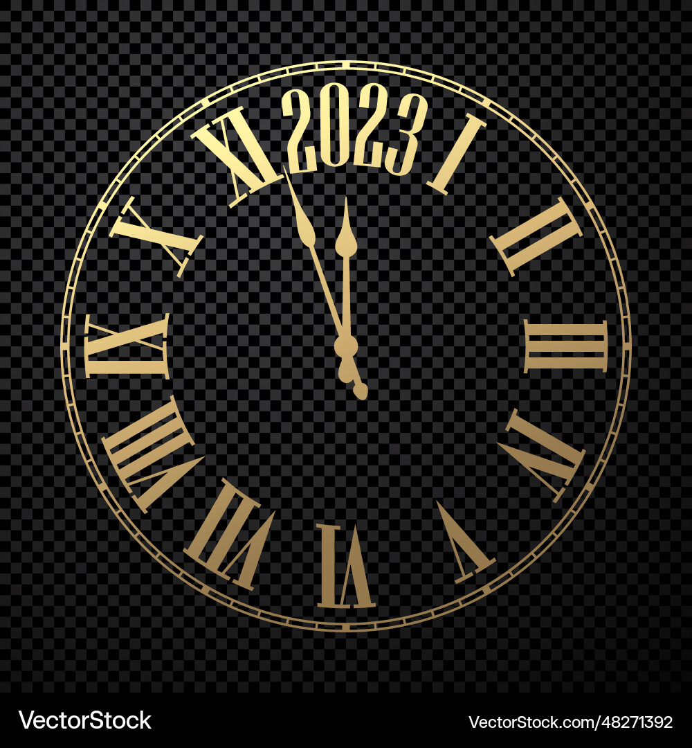 Golden clock showing 2023 on transparent Vector Image