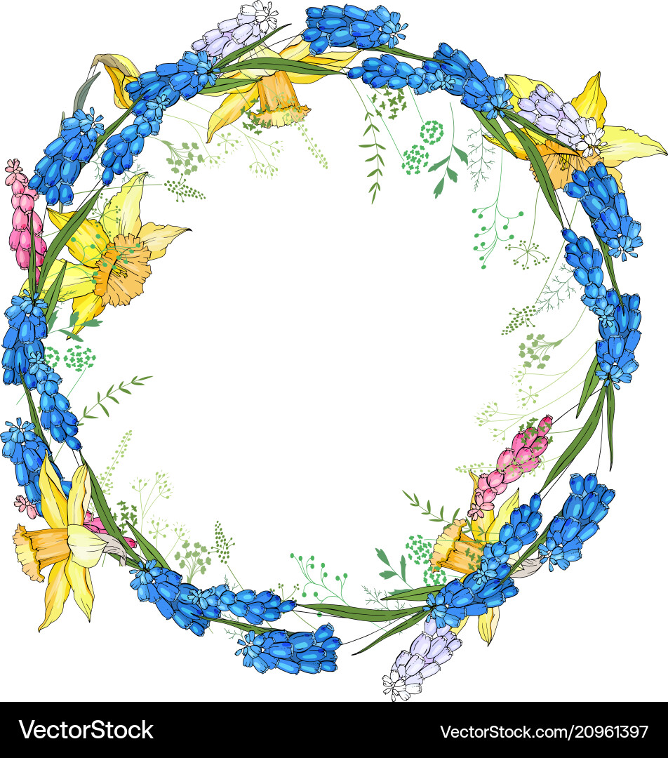 Round garland with spring flowers daffodils Vector Image