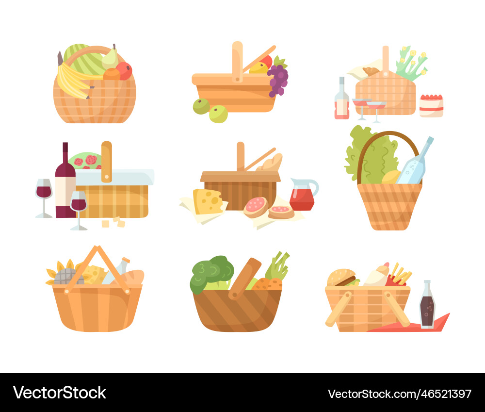 Wicker baskets with food cartoon set Royalty Free Vector