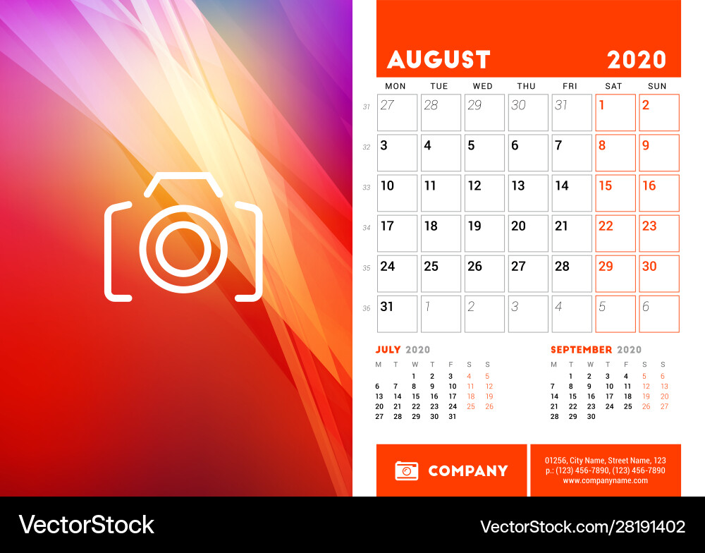 Desk calendar planner template for august 2020 Vector Image