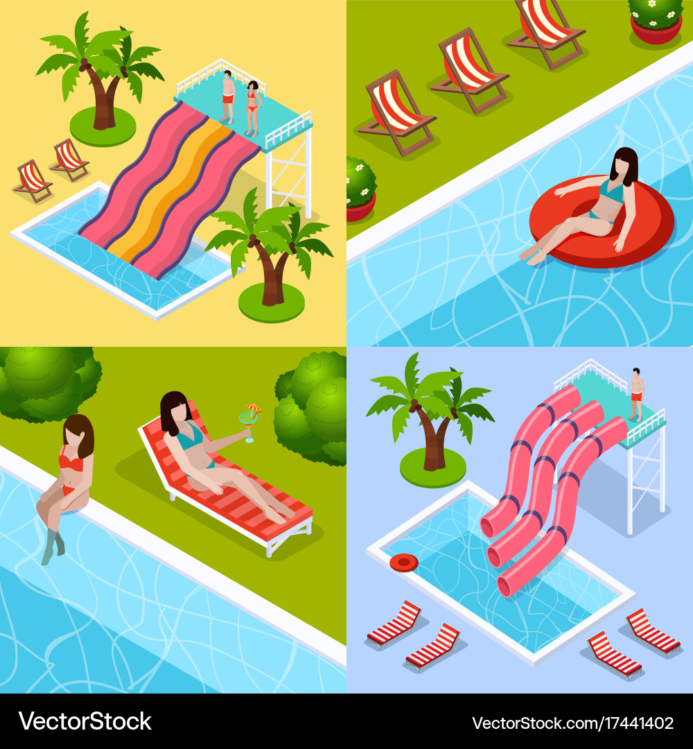 Water park aquapark isometric icon set Royalty Free Vector
