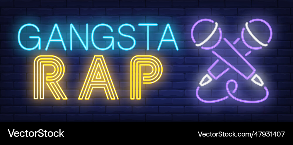 Gangsta rap neon text with two microphones Vector Image