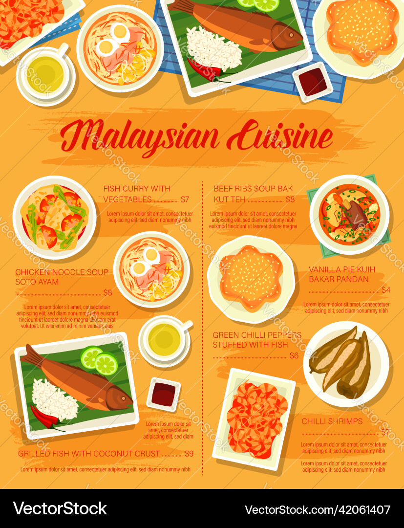 Malaysian cuisine restaurant meals menu page Vector Image