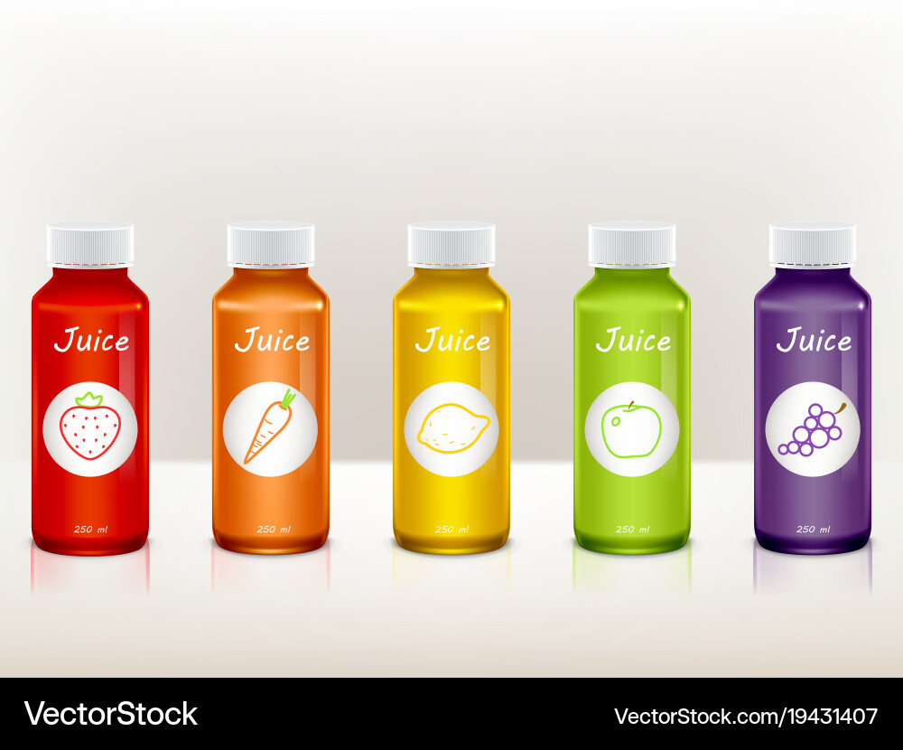Set juice bottles with fruit icons Royalty Free Vector Image