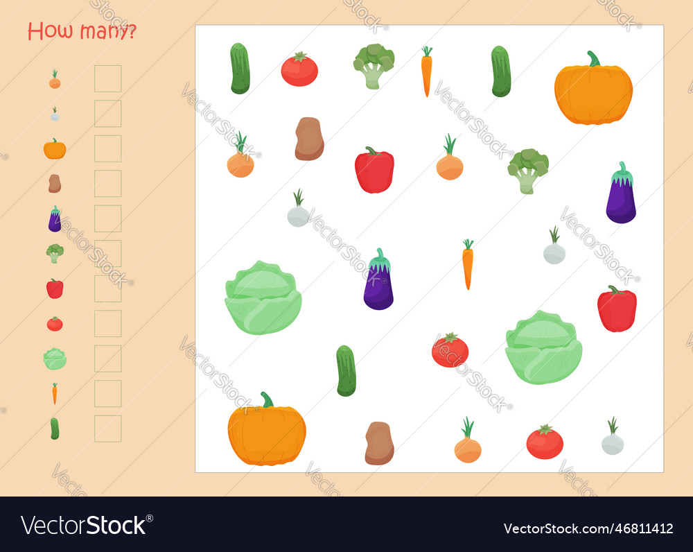 Learning game how many vegetables Royalty Free Vector Image