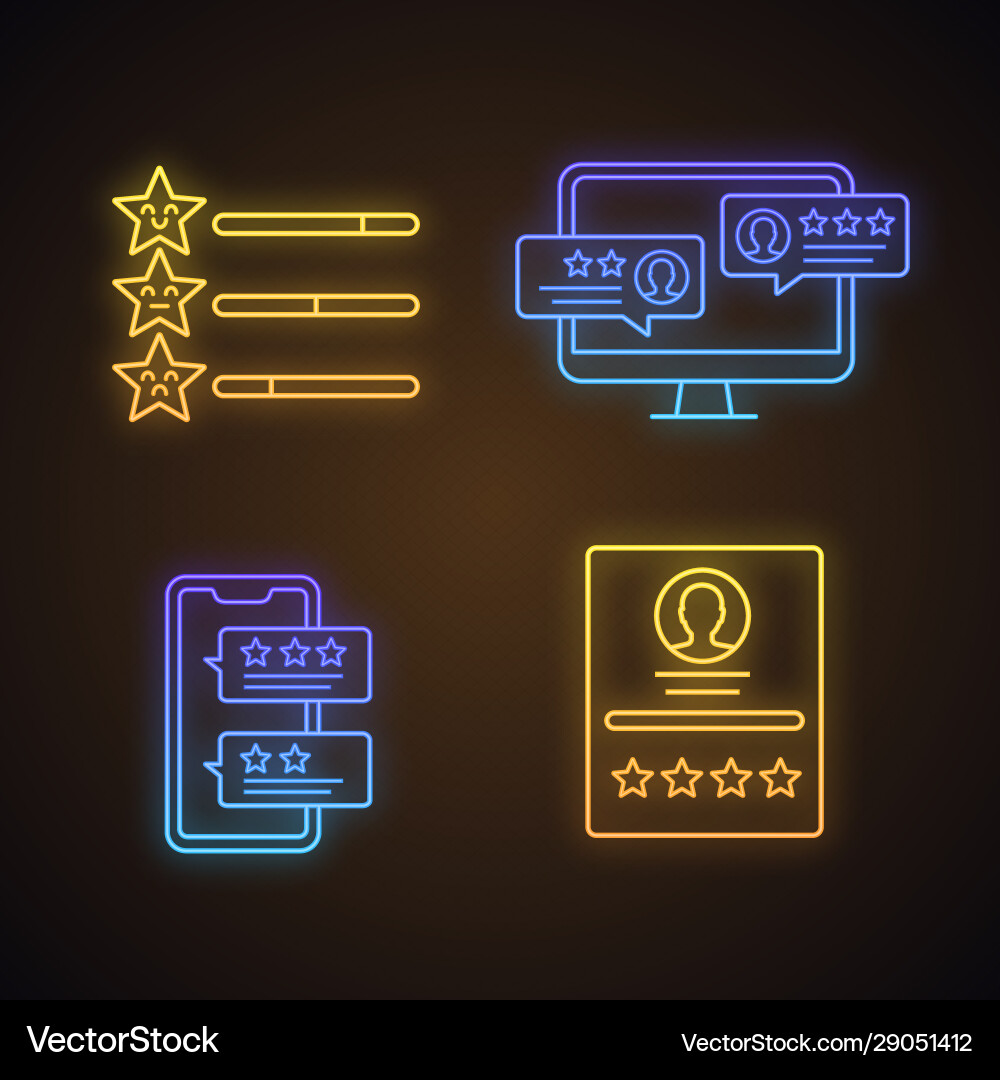 Rating neon light icons set Royalty Free Vector Image