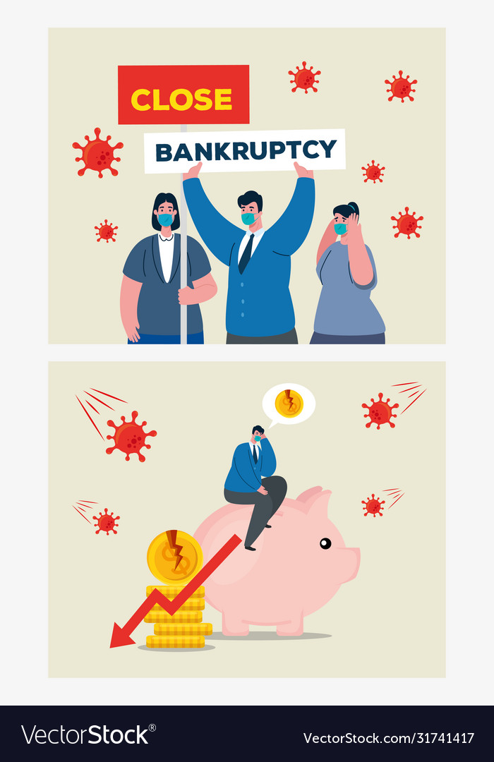 Businesspeople with masks piggy and decrease arrow