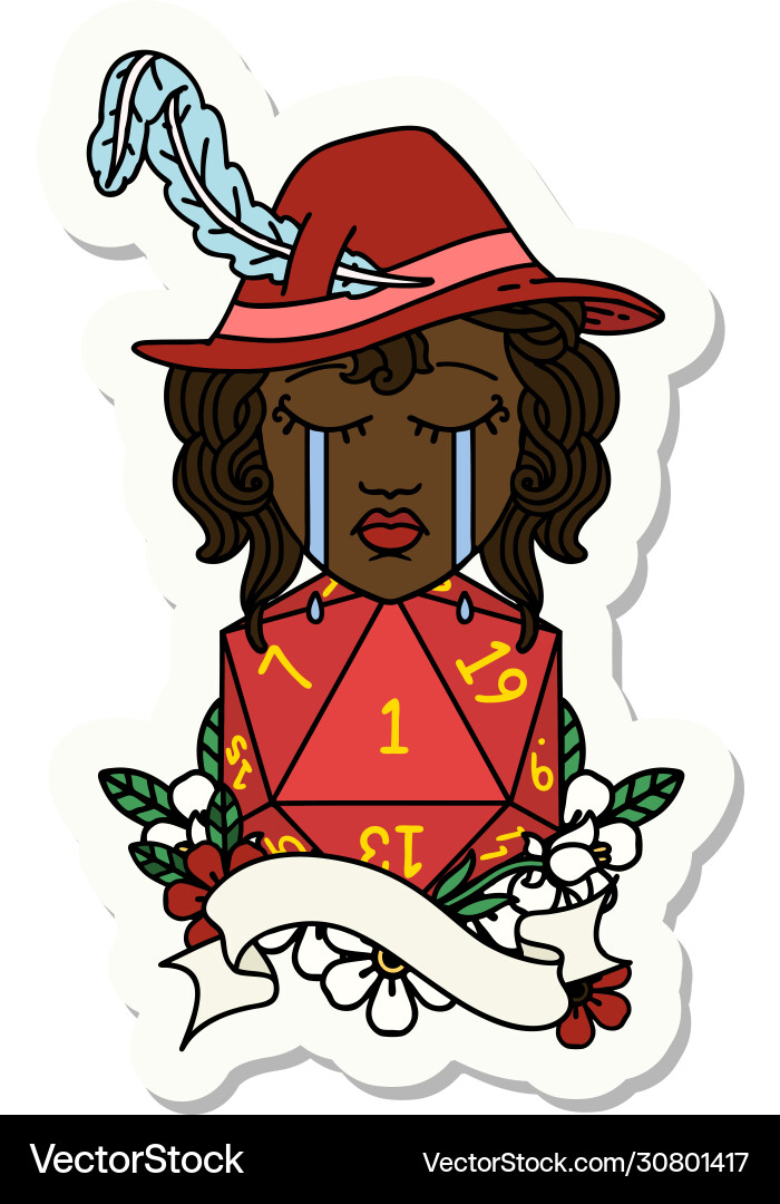 Crying human bard with natural 1 d20 roll sticker Vector Image
