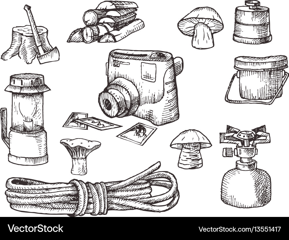 Hand drown kit set hiking camping equipment Vector Image