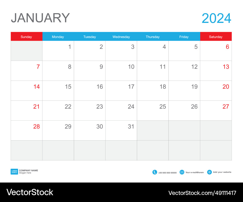 January 2024 template-calendar design desk Vector Image