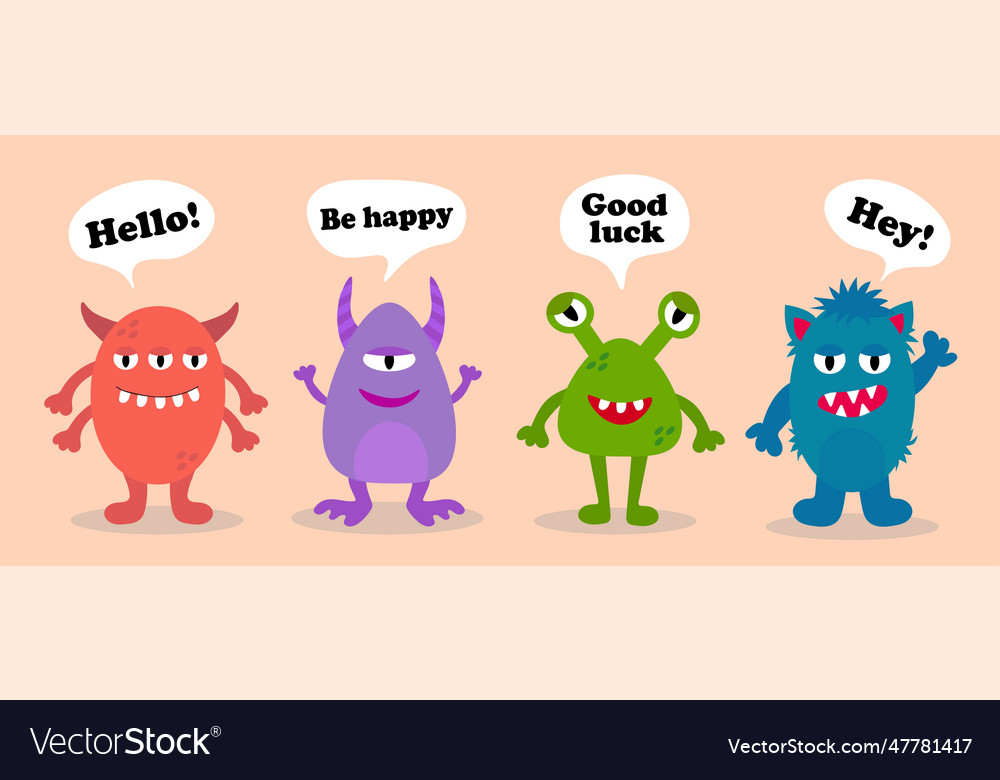 Set cartoon cute monsters with text Royalty Free Vector