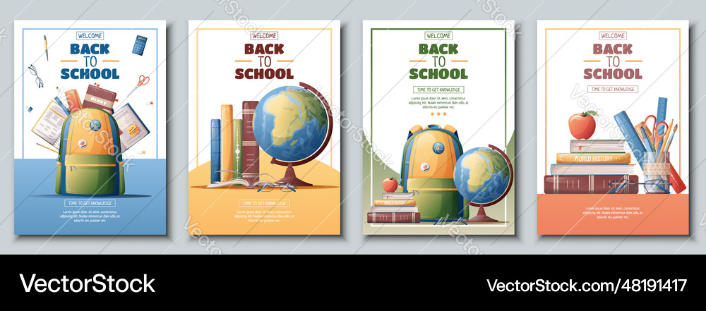 Set of school banners flyers with backpack globe Vector Image