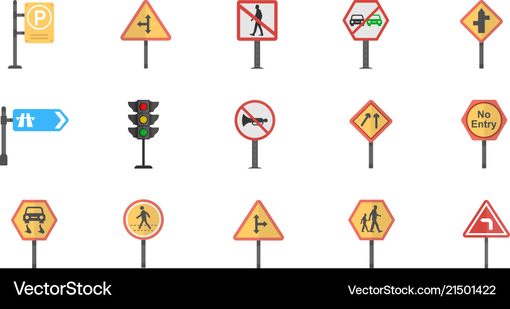 A pack of road signs and junctions flat ic Vector Image