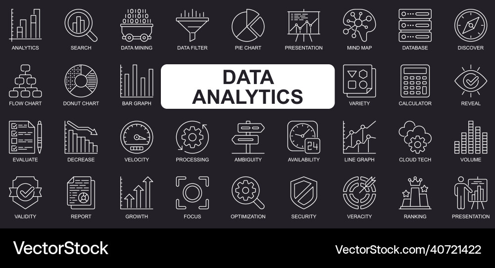 Data analytics concept simple line icons set Vector Image