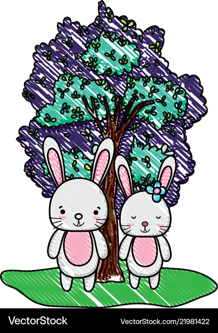 Grated nice rabbit couple animal and tree Vector Image