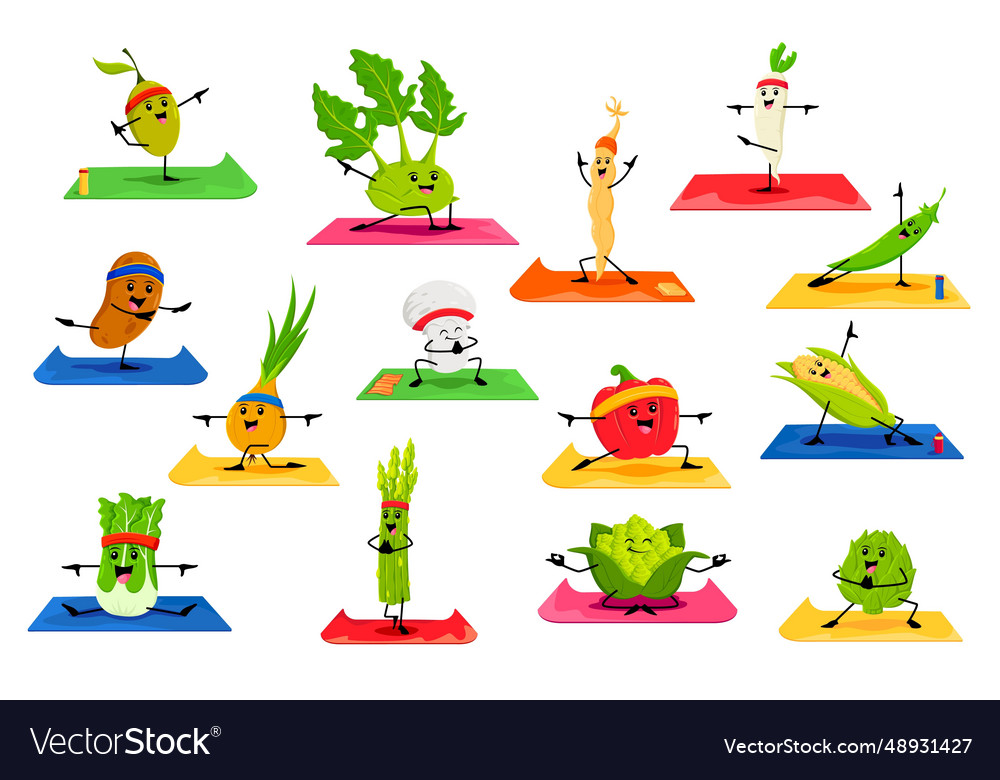 Cartoon vegetable characters on yoga fitness sport