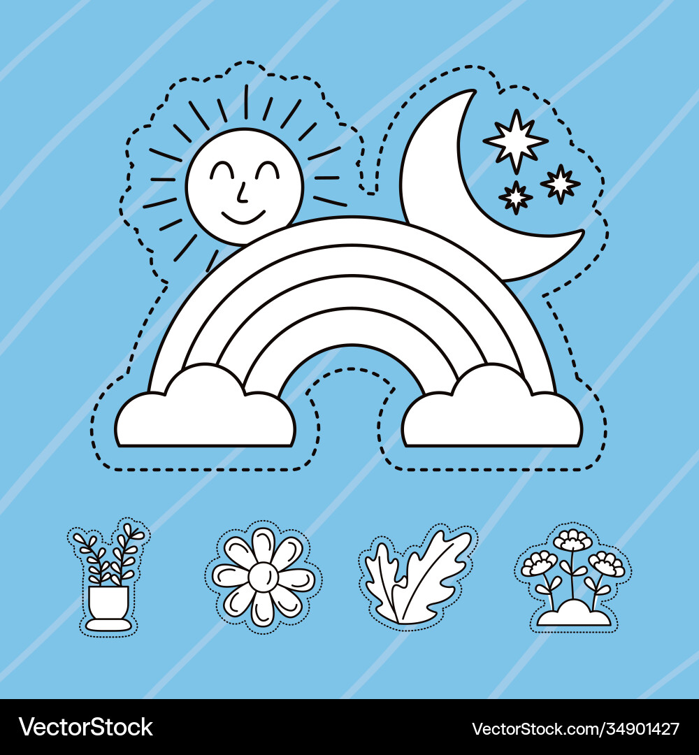 Rainbow and set stickers line style icons Vector Image
