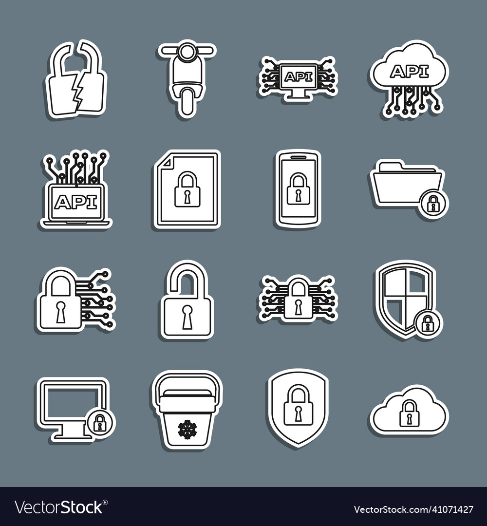 Set Line Cloud Computing Lock Shield Security Vector Image