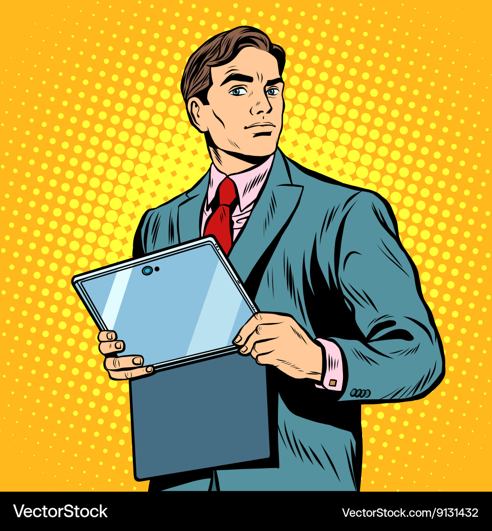 Businessman with laptop or tablet Royalty Free Vector Image