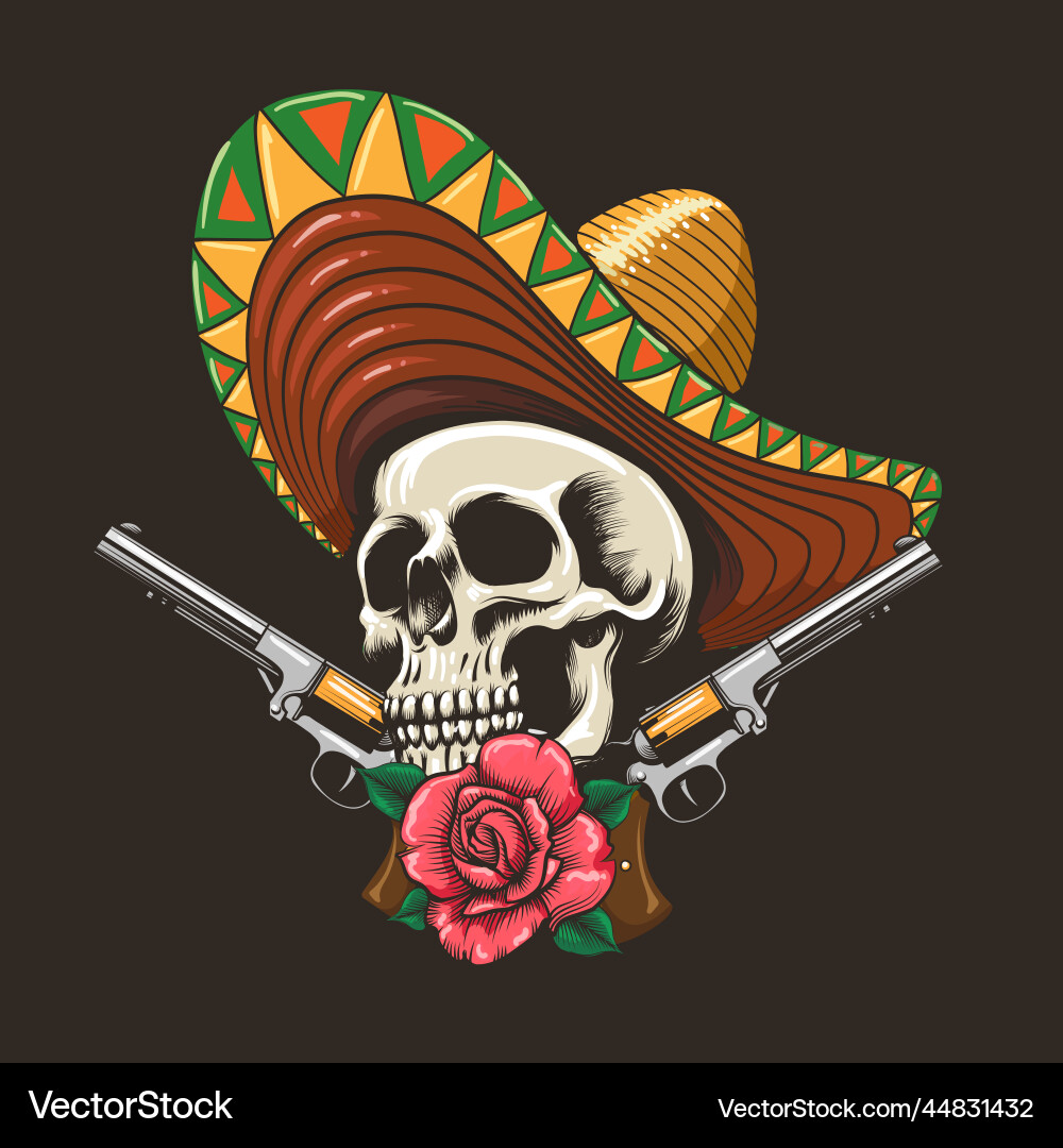 Skull in sombero and two pistols Royalty Free Vector Image