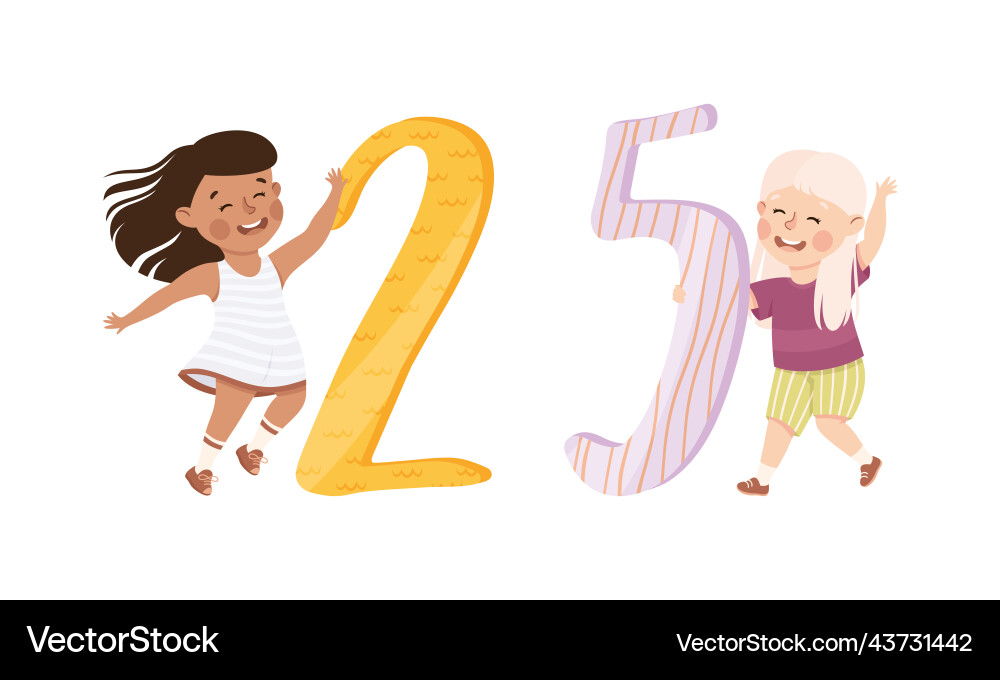 Cute happy kids with two and five numbers Vector Image