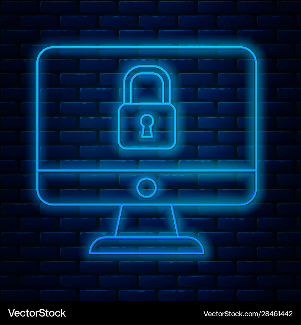 Glowing neon line lock on computer monitor screen Vector Image