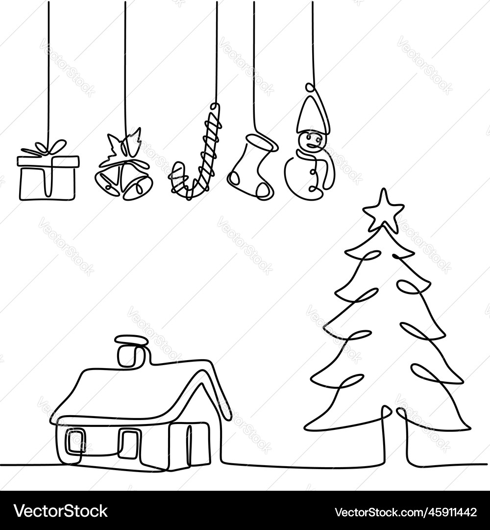 One line christmas tree with hanging decoration Vector Image