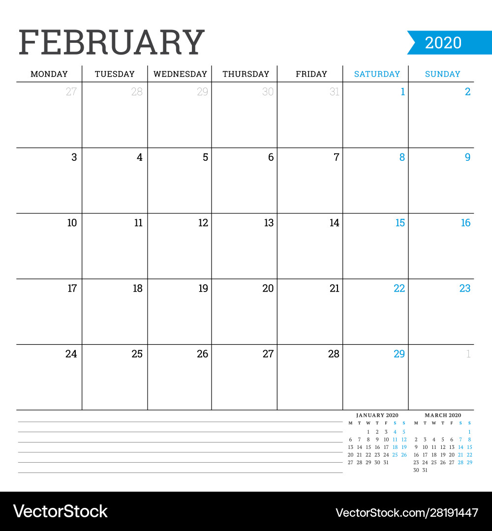 February 2020 square monthly calendar planner Vector Image