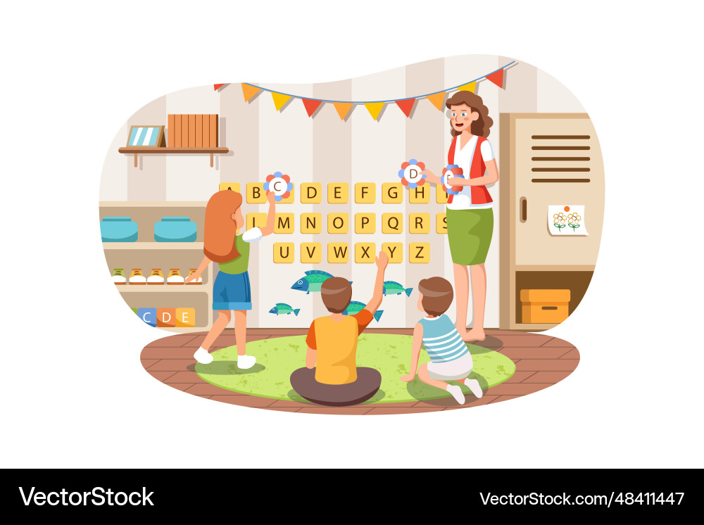 Kindergarten teacher teaching children abc Vector Image