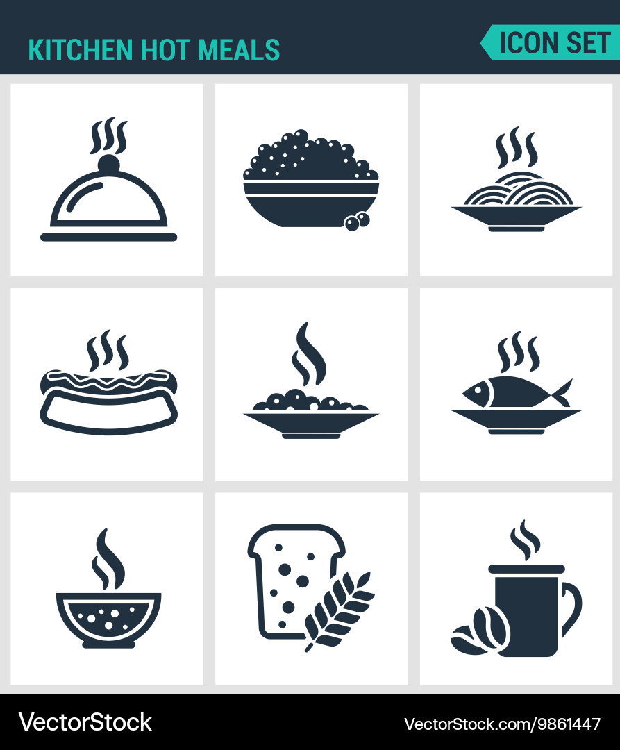Set modern icons kitchen hot meals dish Royalty Free Vector