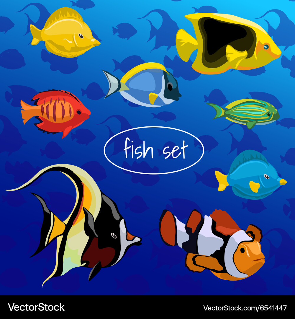 Set of colored different fish on a blue background