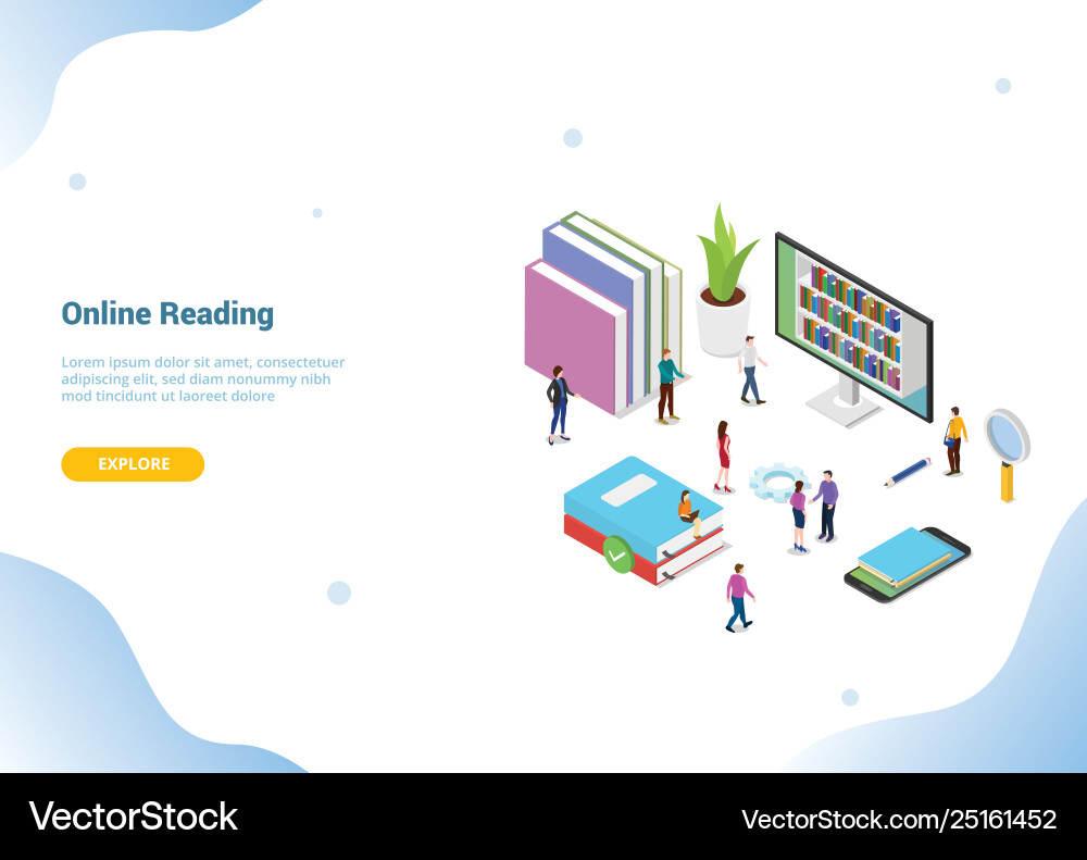 Isometric 3d online reading concept with books Vector Image