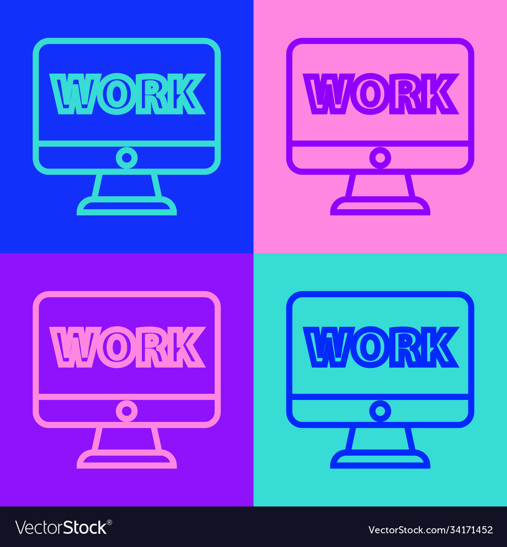 Pop art line computer monitor with text work icon Vector Image