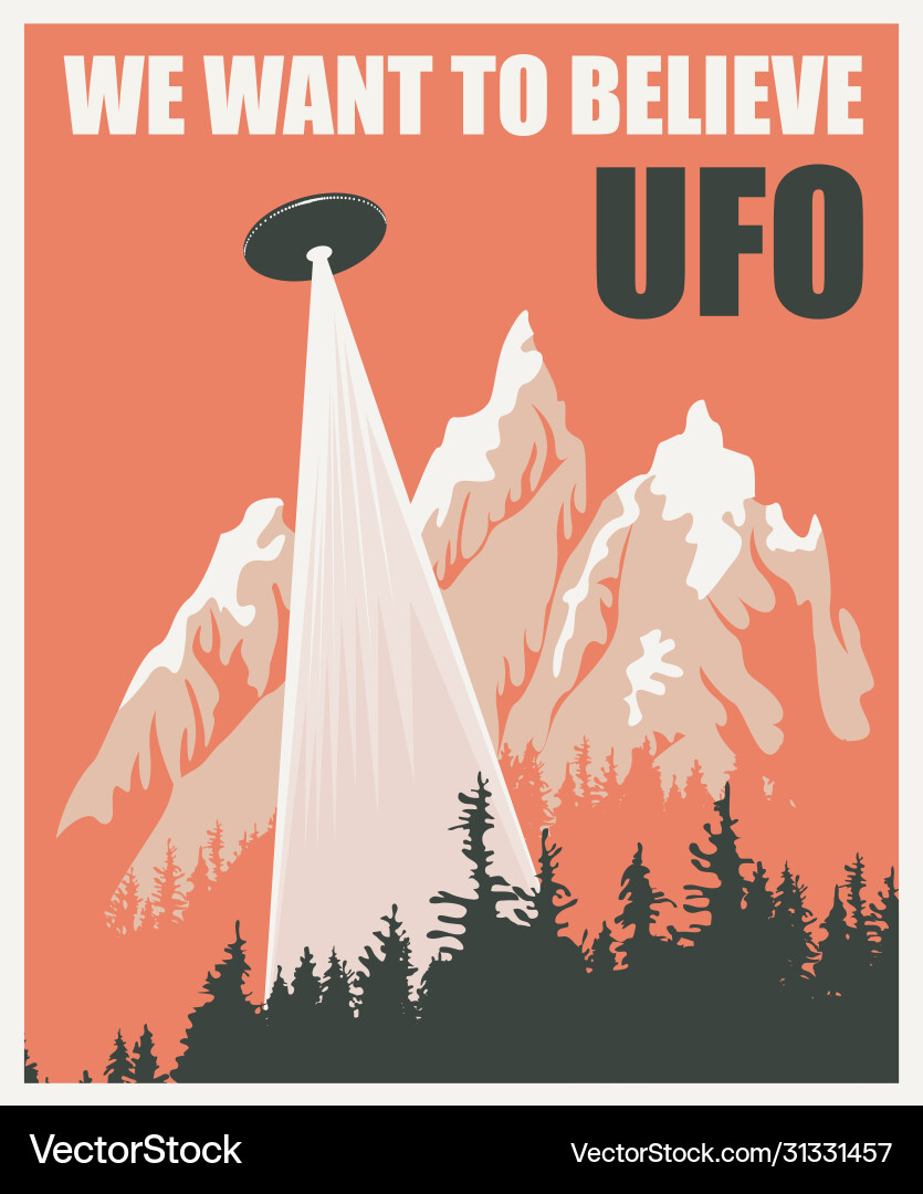 Banner with a flying ufo over forest Royalty Free Vector