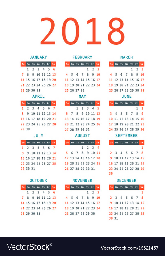 Calendar 2018 year simple style Royalty Free Vector Image Calendar 2018 year simple style Royalty Free Vector Image